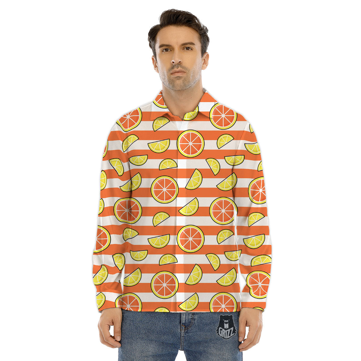 Striped Lemon And Orange Print Pattern Men's Dress Shirts