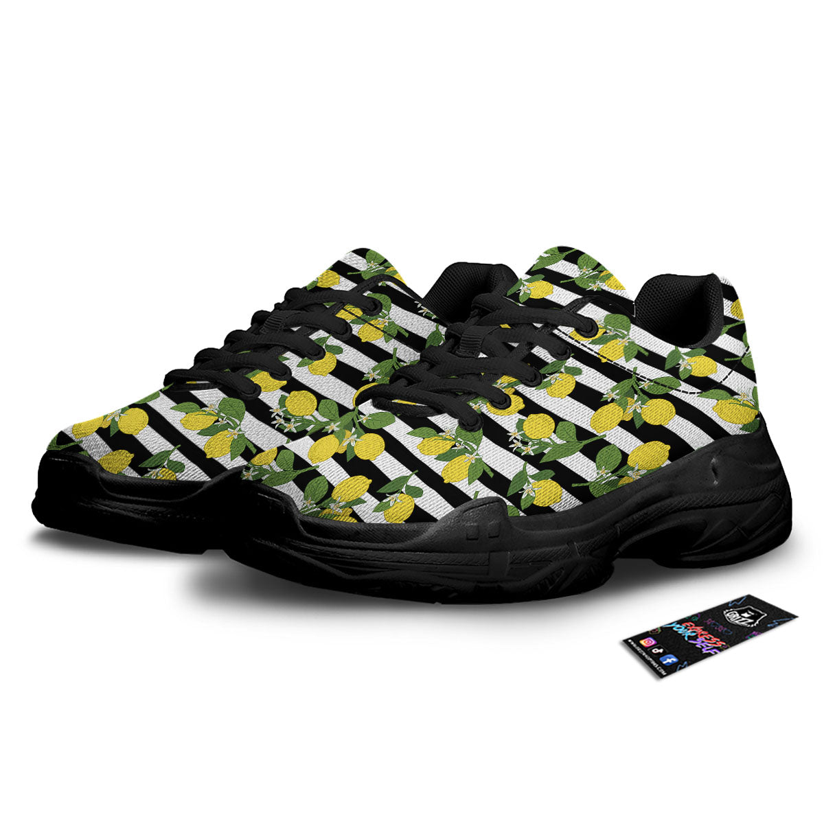 Striped Lemon Print Pattern Black Chunky Shoes