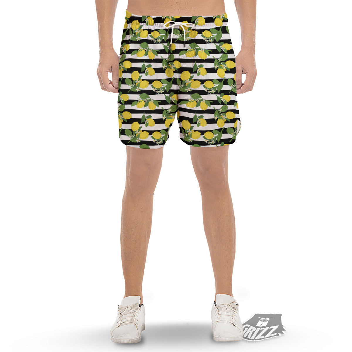 Striped Lemon Print Pattern Men's Gym Shorts