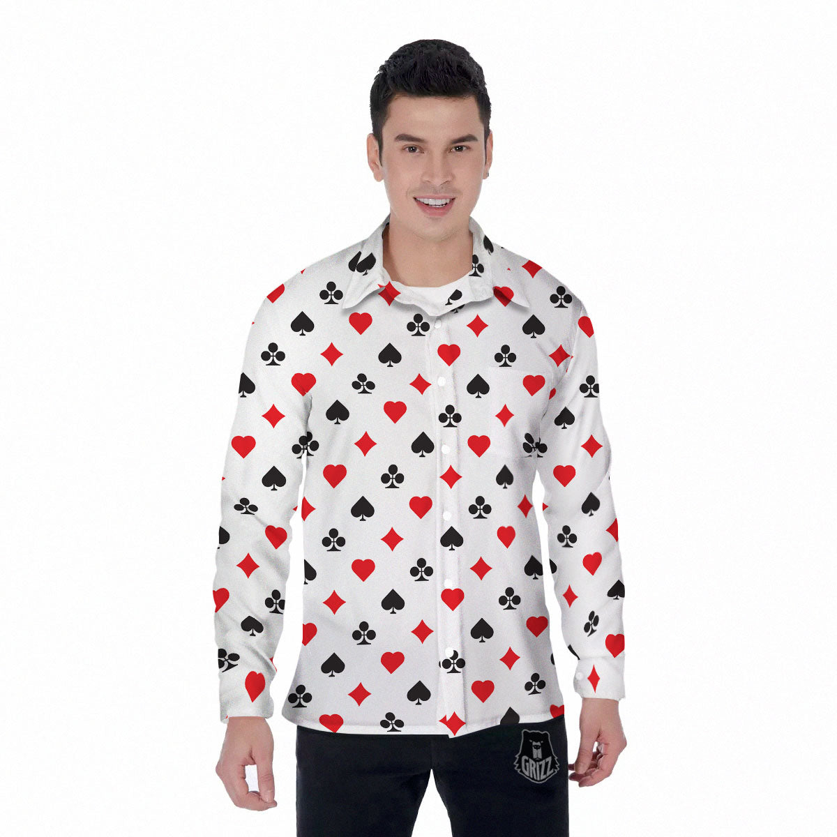 Suits Playing Card Print Pattern Men's Long Sleeve Shirts