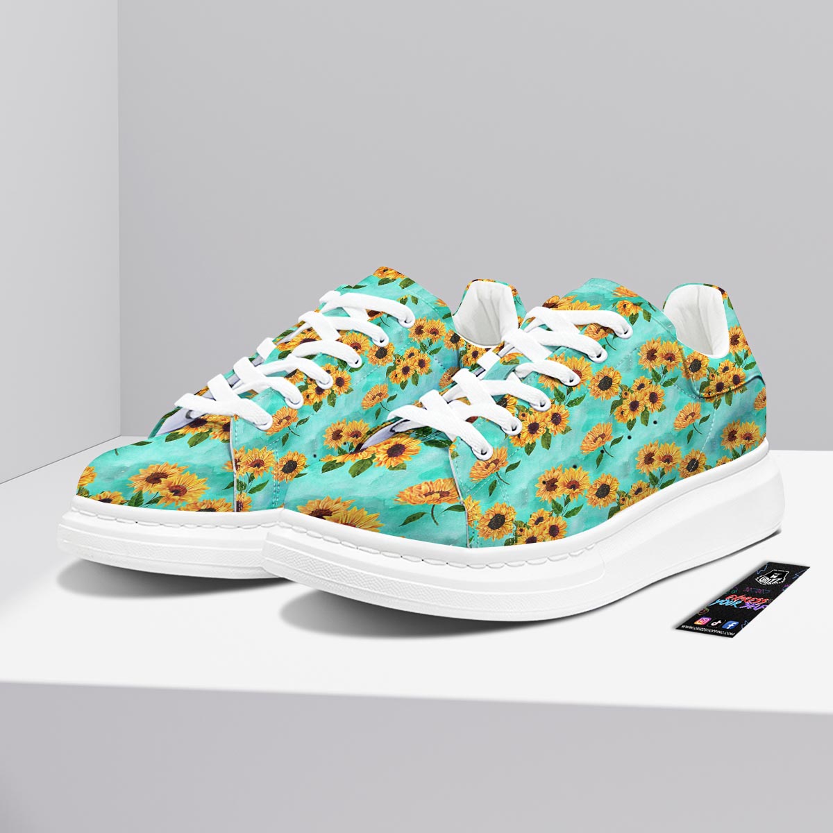 Sunflower Teal Watercolor Print Pattern Platform Shoes