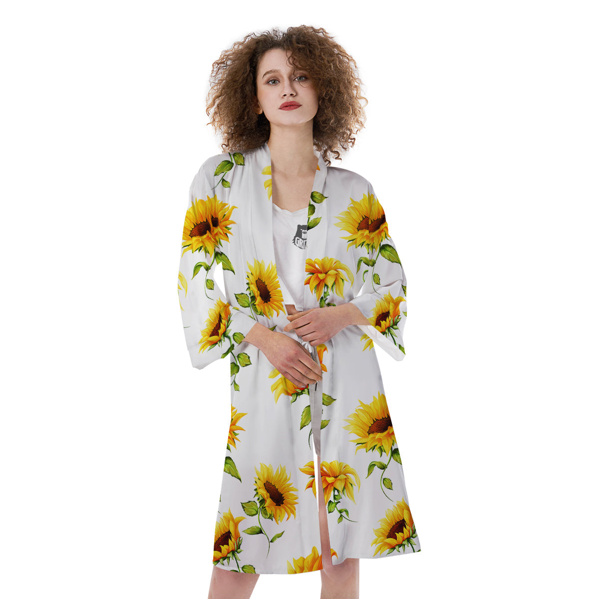 Sunflower White Watercolor Print Pattern Kimono