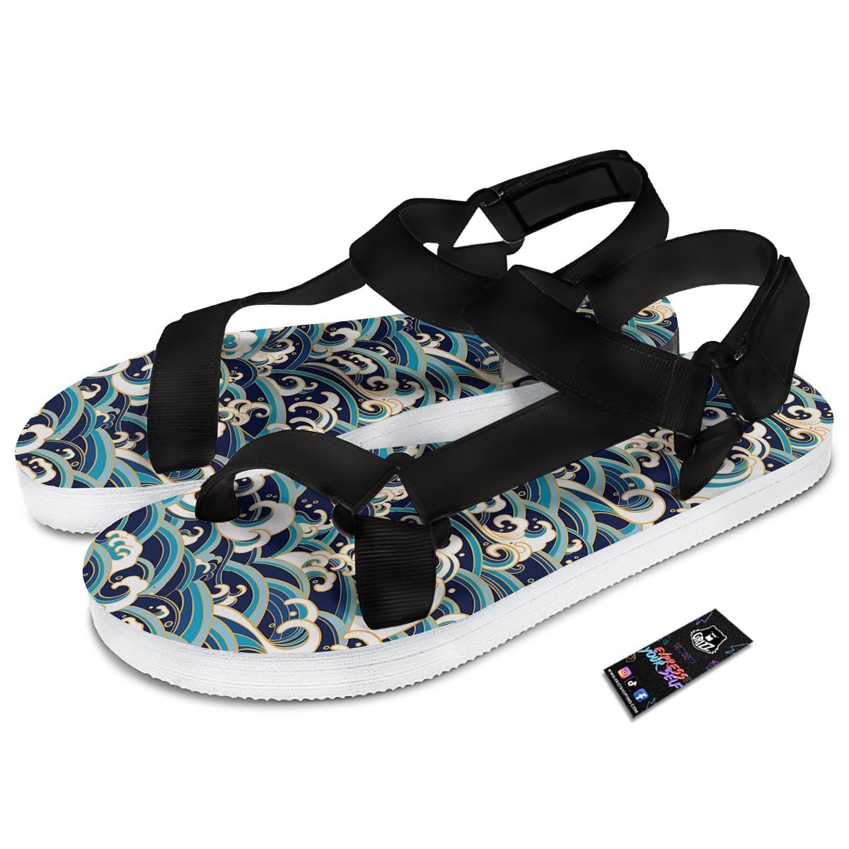 Surfing Sea Wave Print Pattern Black Open Toe Sandals