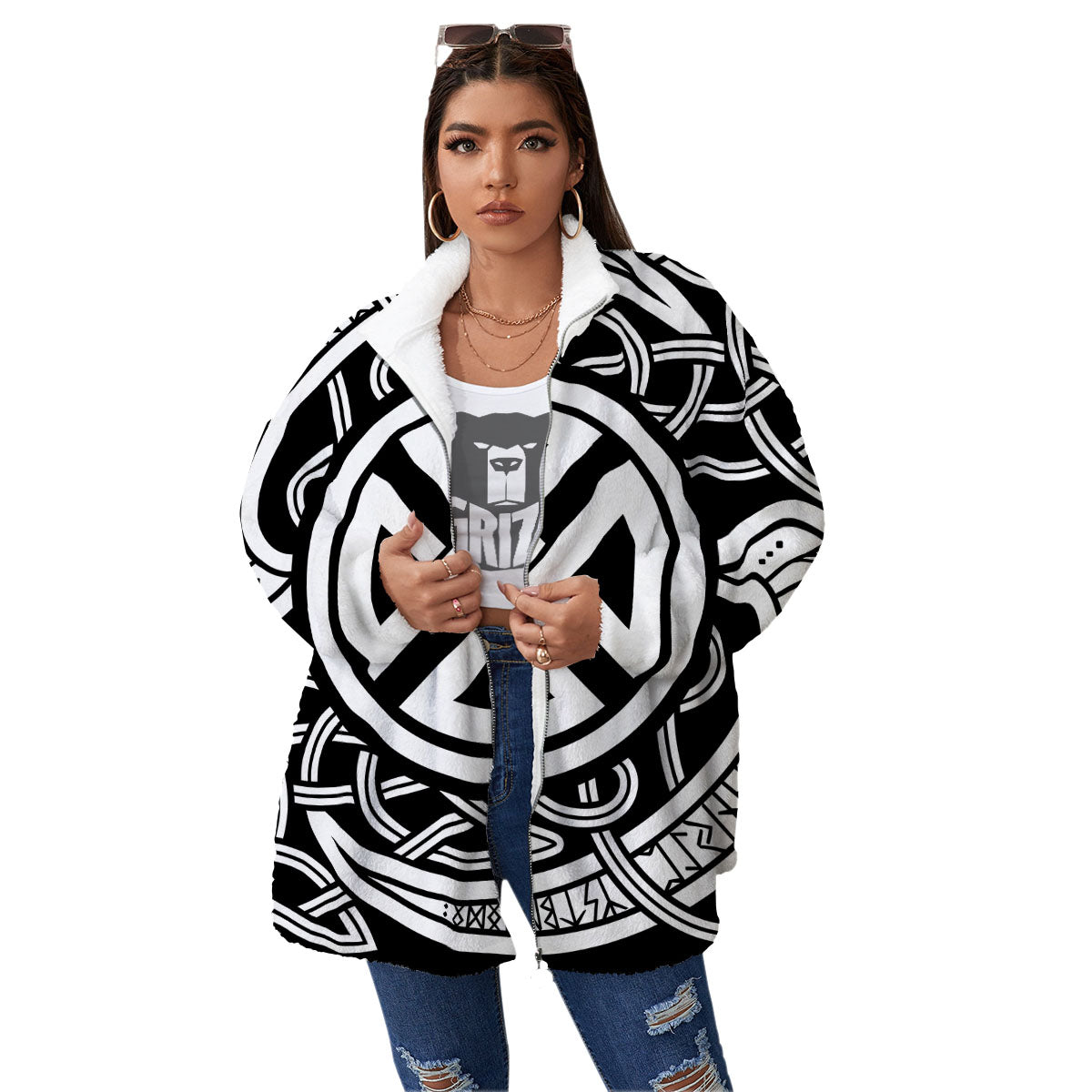 Symbol Viking Norse Runes Print Women's Sherpa Jacket
