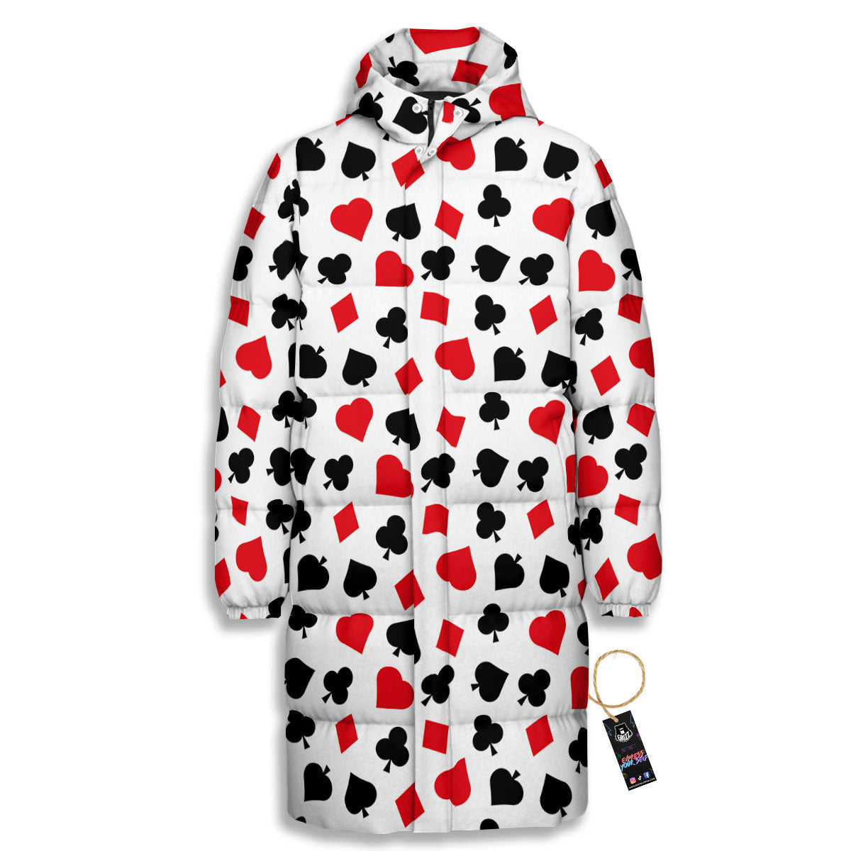 Symbols Playing Card Print Pattern Long Down Jacket