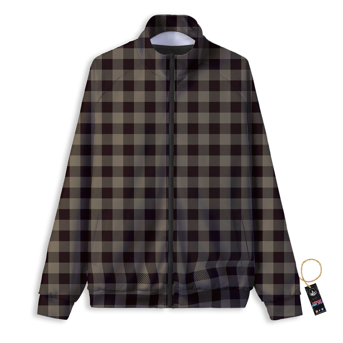 Tan Dark And Black Check Print Pattern Track Jacket