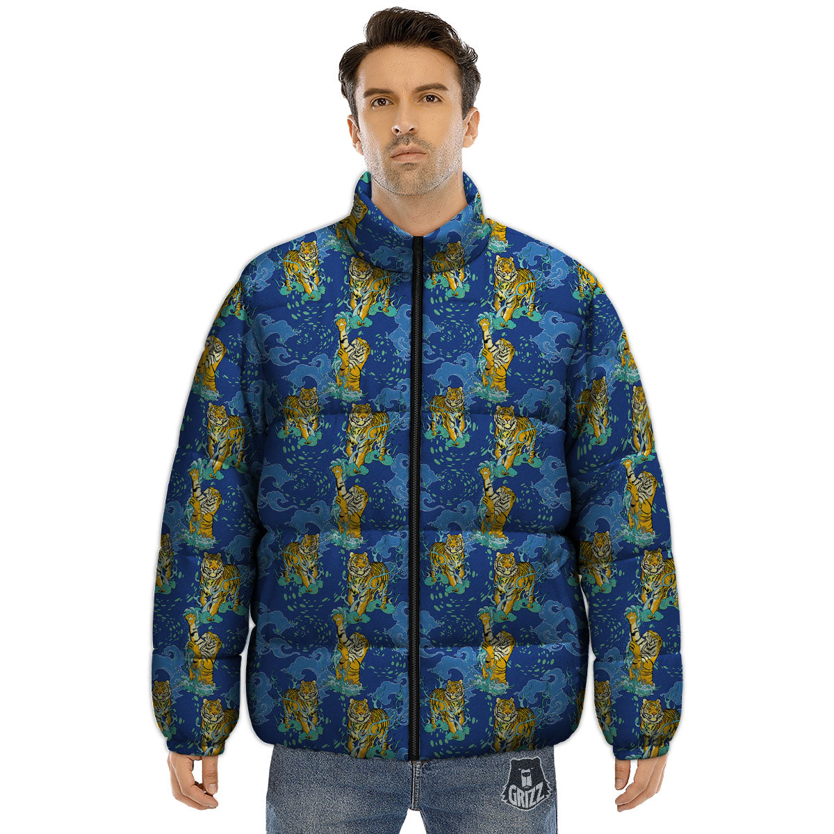 Tattoo Blue Tiger Print Pattern Puffer Jacket