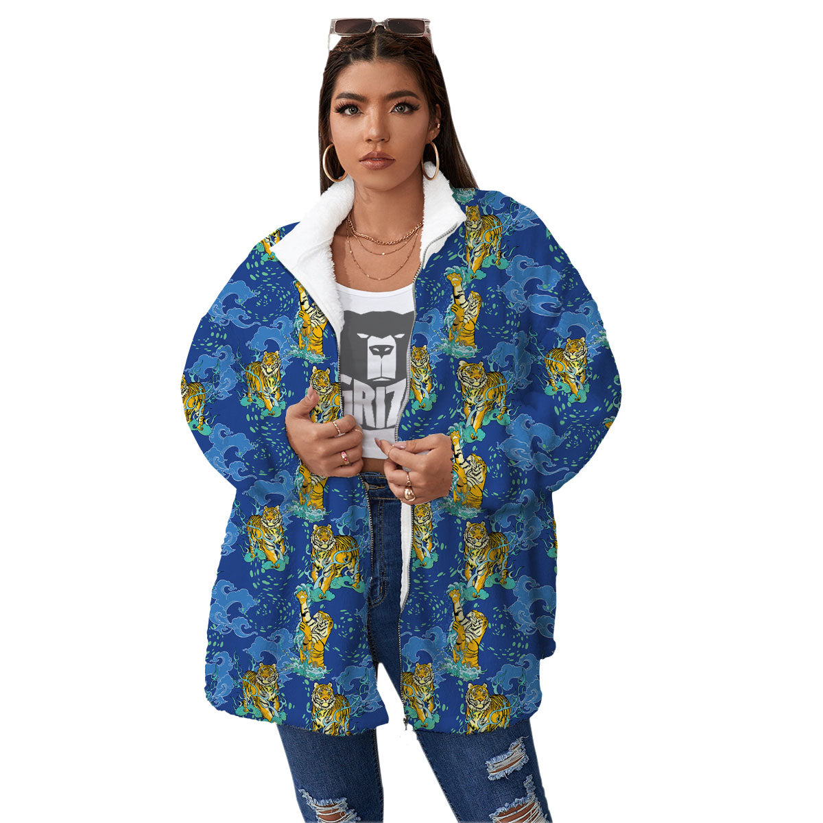Tattoo Blue Tiger Print Pattern Women's Sherpa Jacket