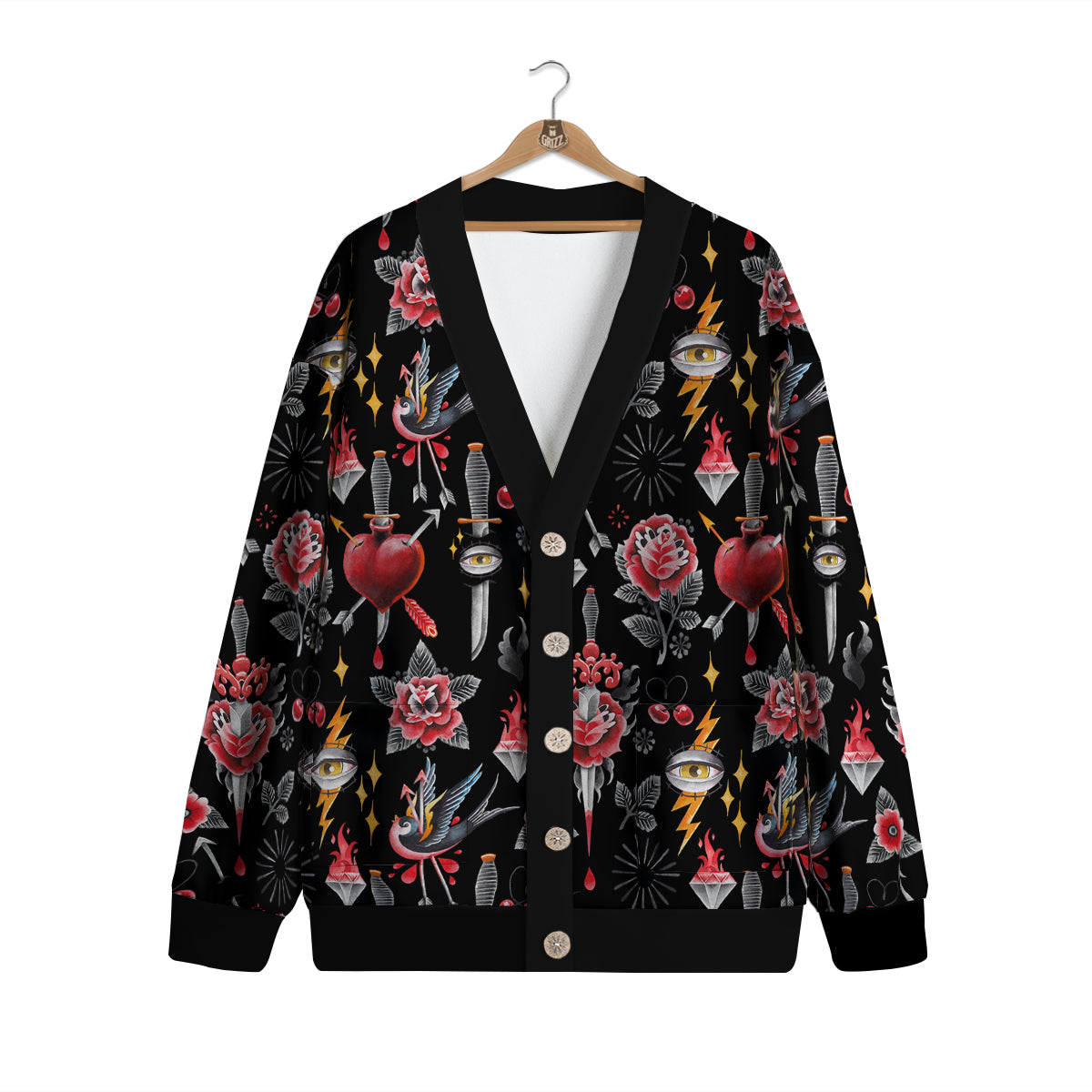 Tattoo Watercolor Print Pattern Cardigan