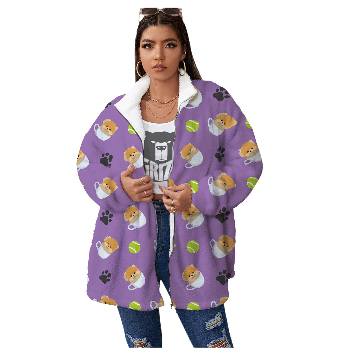 Tea Cup Pomeranian Print Pattern Women's Sherpa Jacket