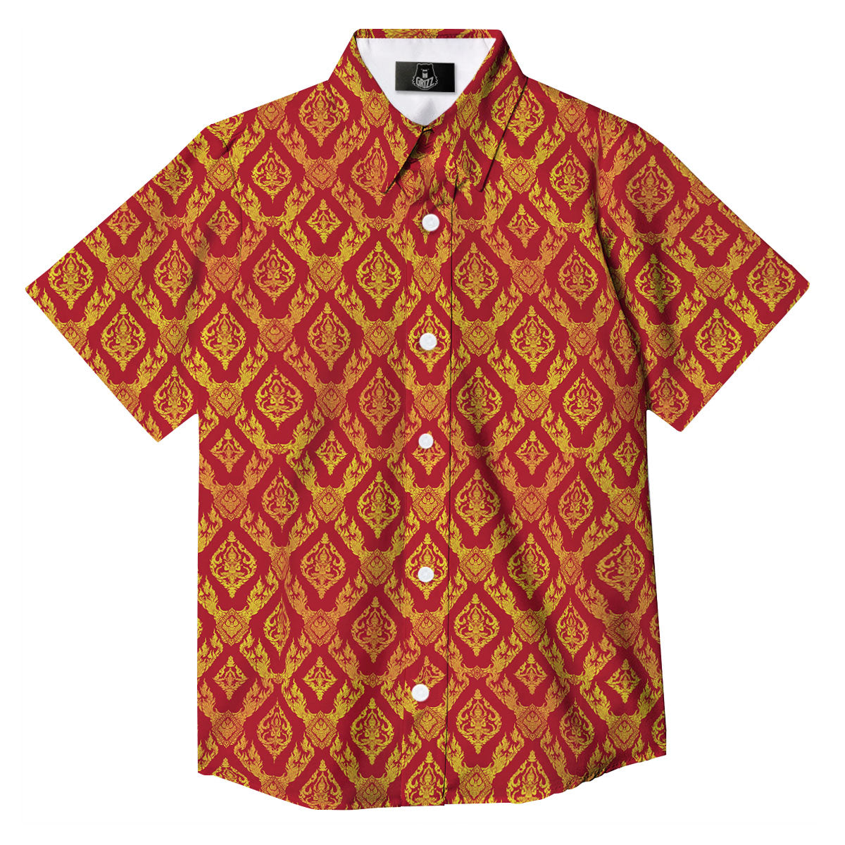 Thai Art Red And Gold Print Pattern Button Up Shirt