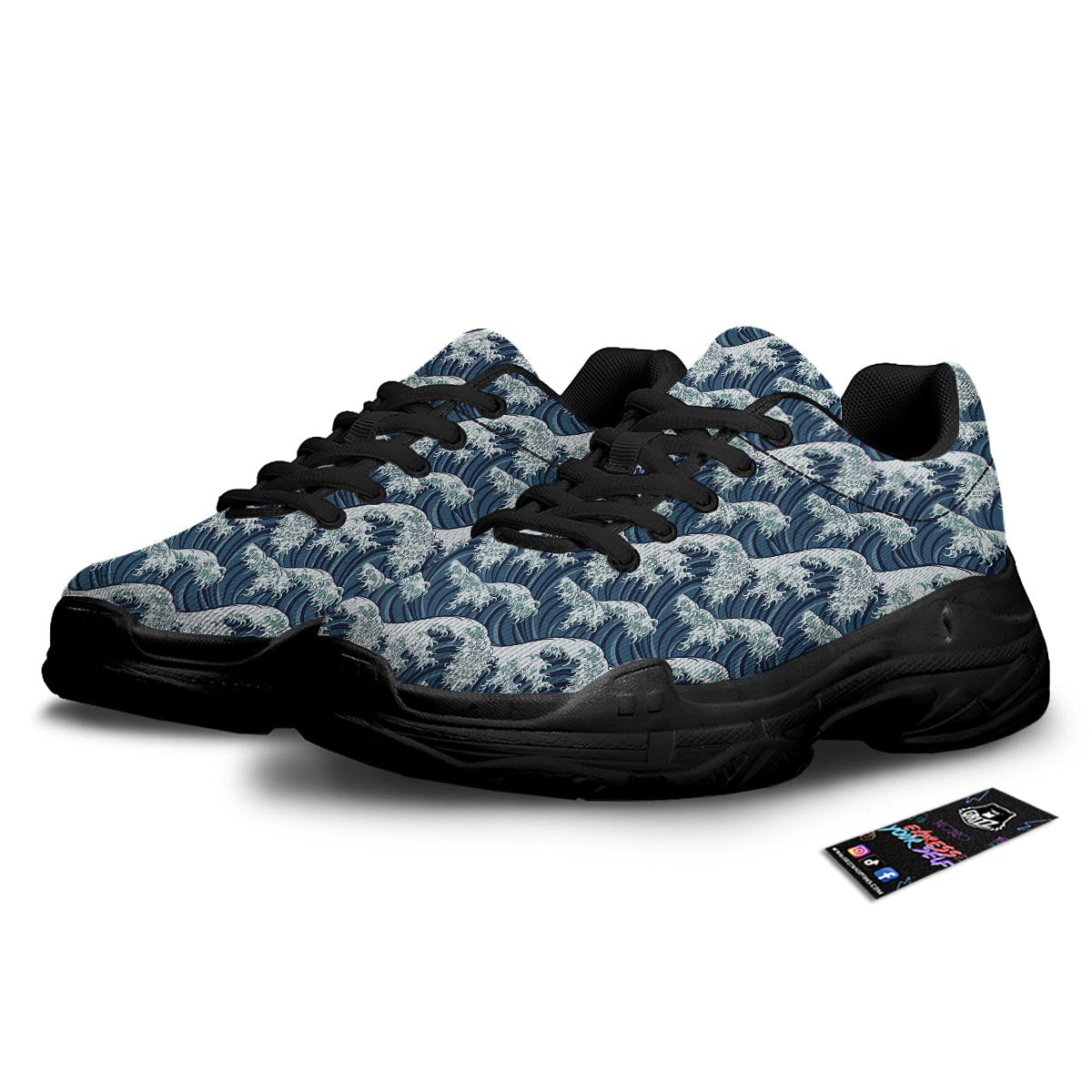 The Great Kanagawa Wave Print Pattern Black Chunky Shoes
