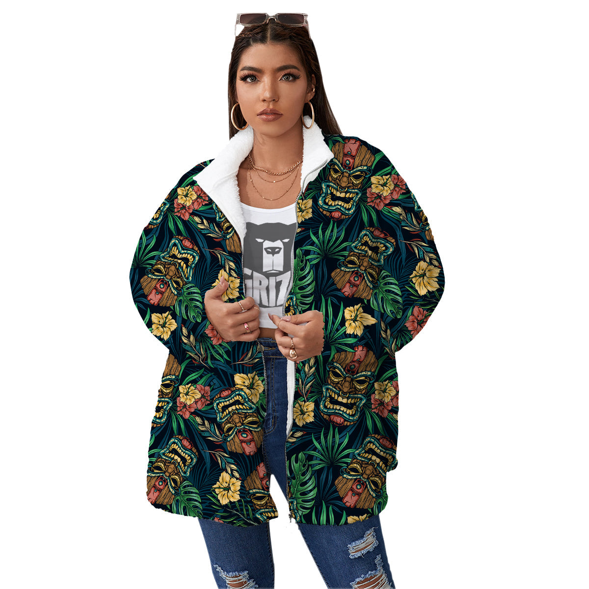 Tiki Tropical Print Pattern Women's Sherpa Jacket