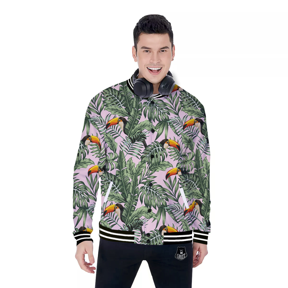 Toucan And Tropical Palm Leaf Print Baseball Jacket