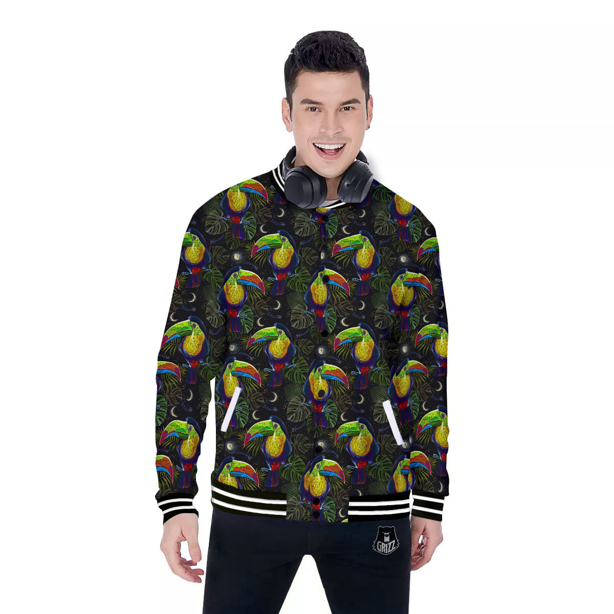Toucan Keel Billed Tropical Print Pattern Baseball Jacket