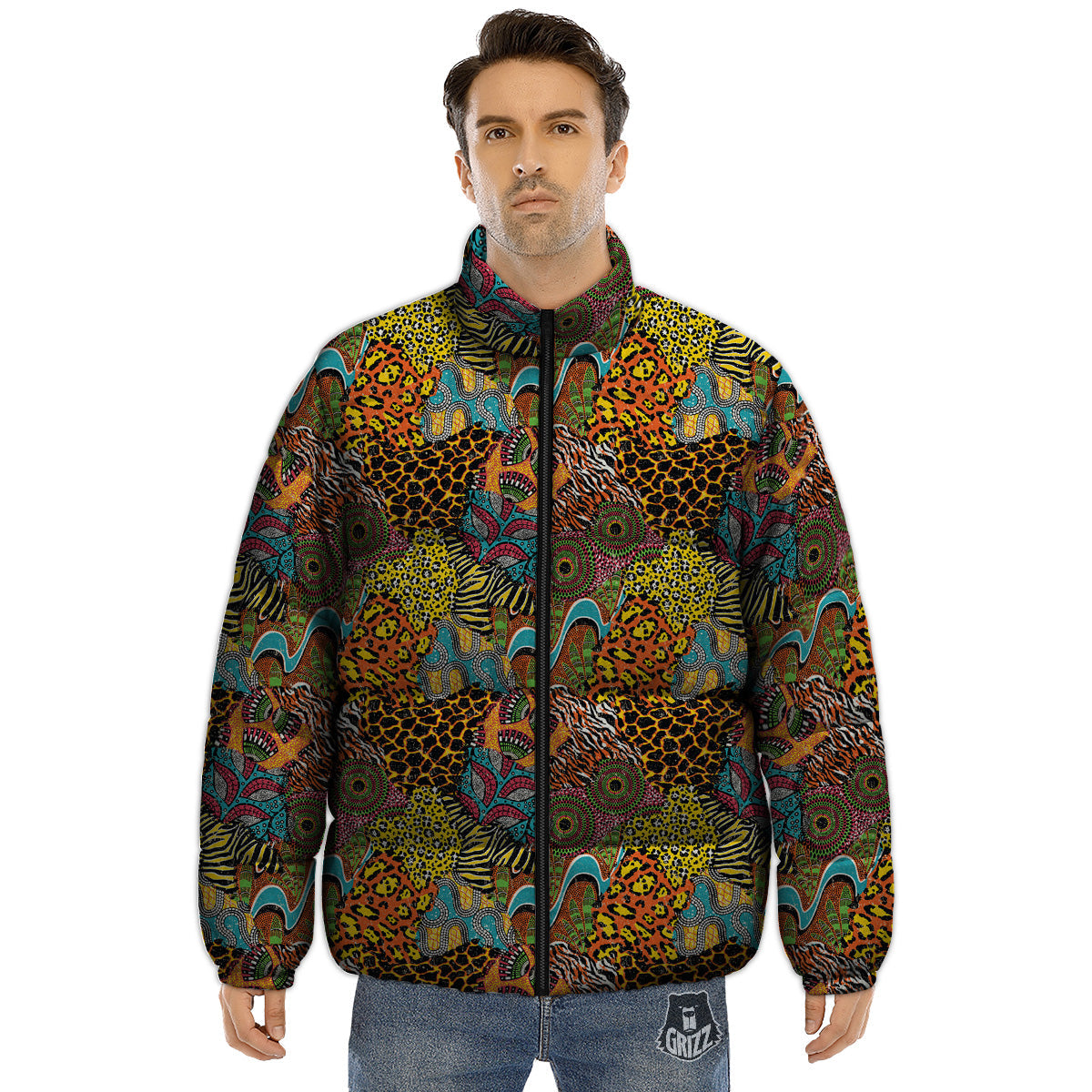 Traditional African And Wild Animal Skins Print Pattern Puffer Jacket