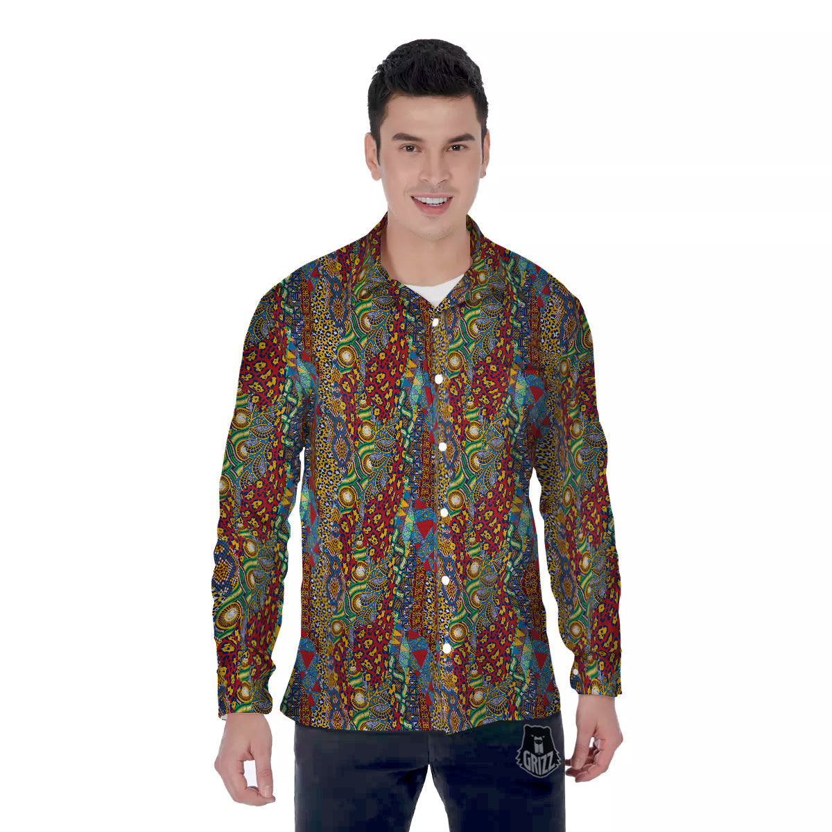 Traditional African Patchwork Animal Skins Print Pattern Men's Long Sl