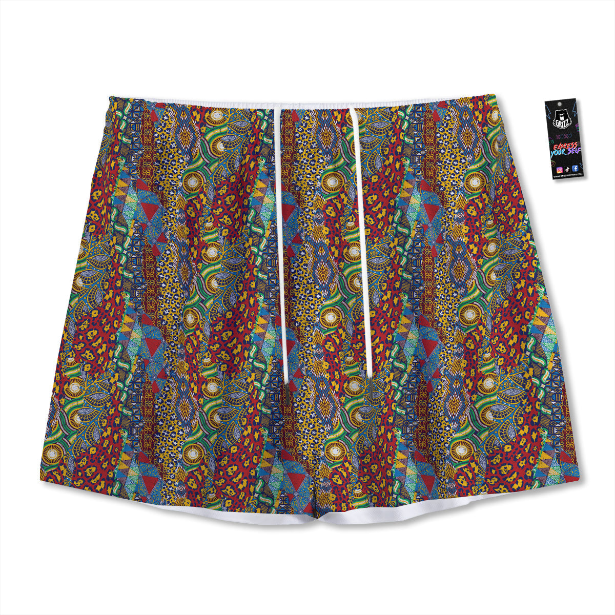 Traditional African Patchwork Animal Skins Print Pattern Mesh Shorts