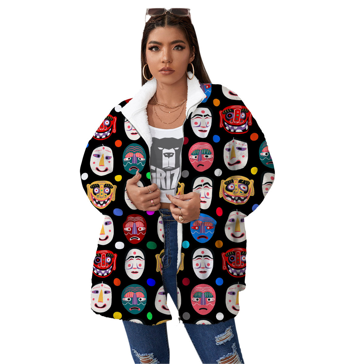 Traditional Korean Masks Print Pattern Women's Sherpa Jacket