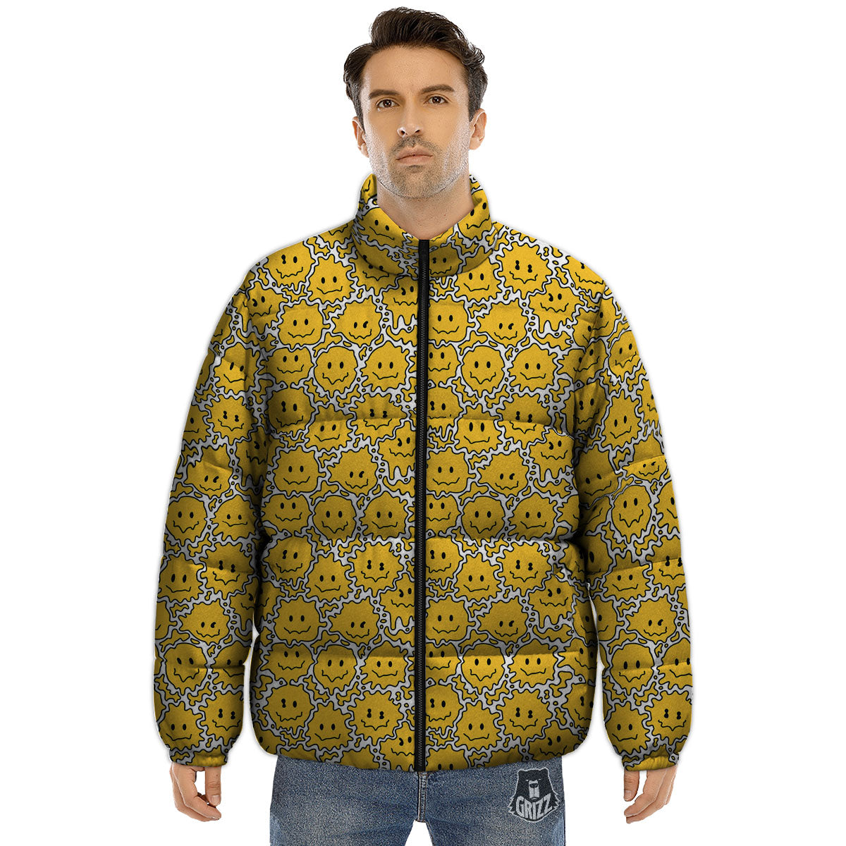 Trippy Abstract Psychedelic Emoji Print Puffer Jacket