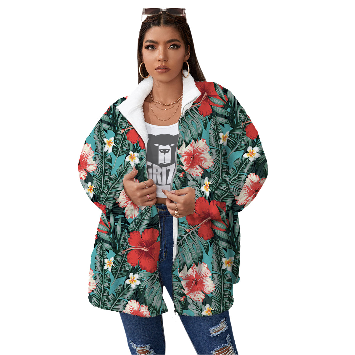 Tropical Leaf Turquoise Print Pattern Women's Sherpa Jacket