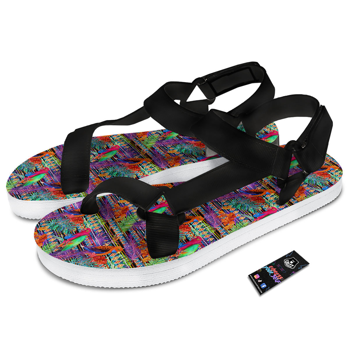 Tropical Leaves Exotic Bird Aztec Print Pattern Black Open Toe Sandals