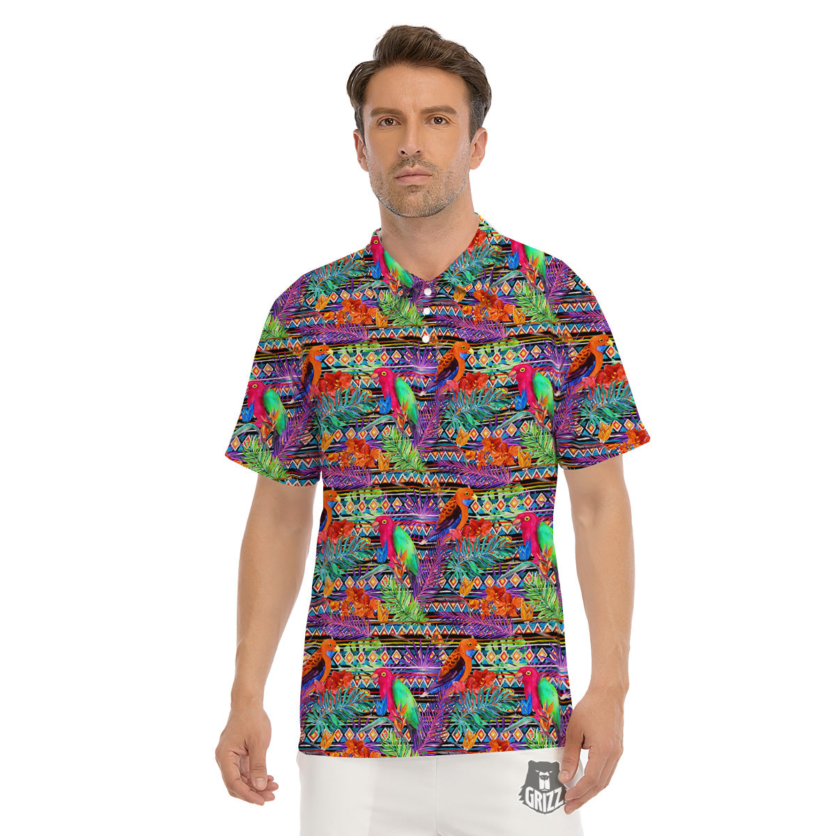 Tropical Leaves Exotic Bird Aztec Print Pattern Men's Golf Shirts
