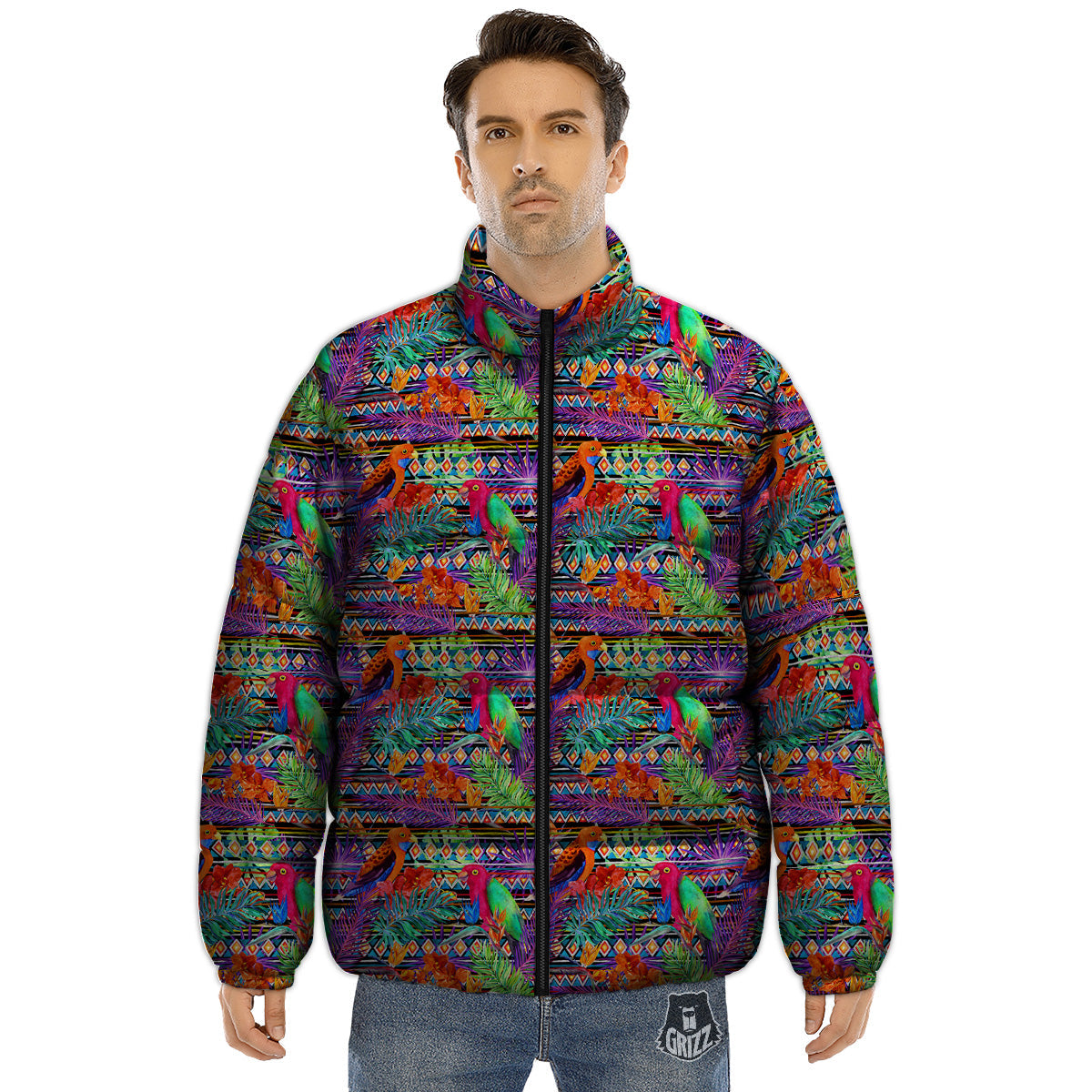 Tropical Leaves Exotic Bird Aztec Print Pattern Puffer Jacket
