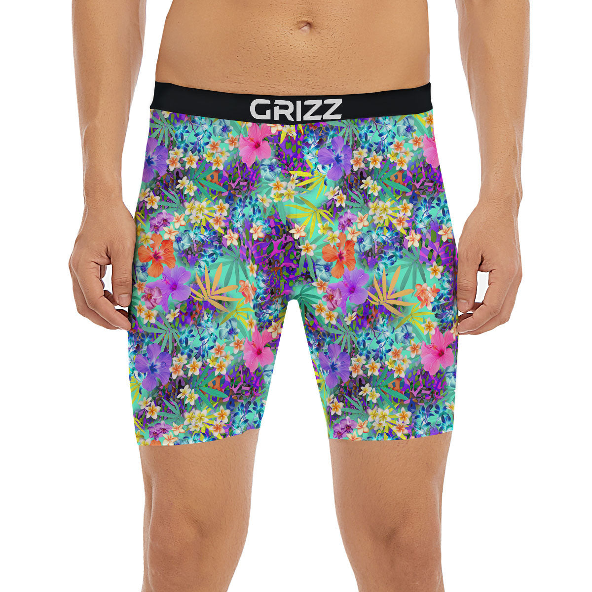 Tropical Neon Hibiscus Print Pattern Boxer Briefs