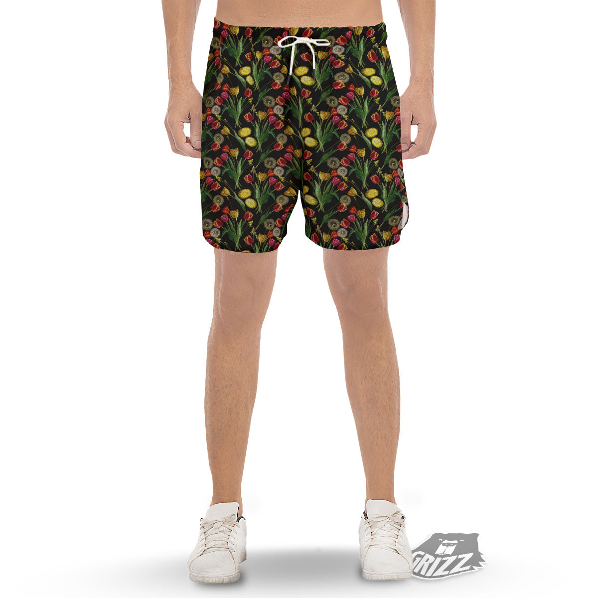 Tulip Embroidery Print Pattern Men's Gym Shorts