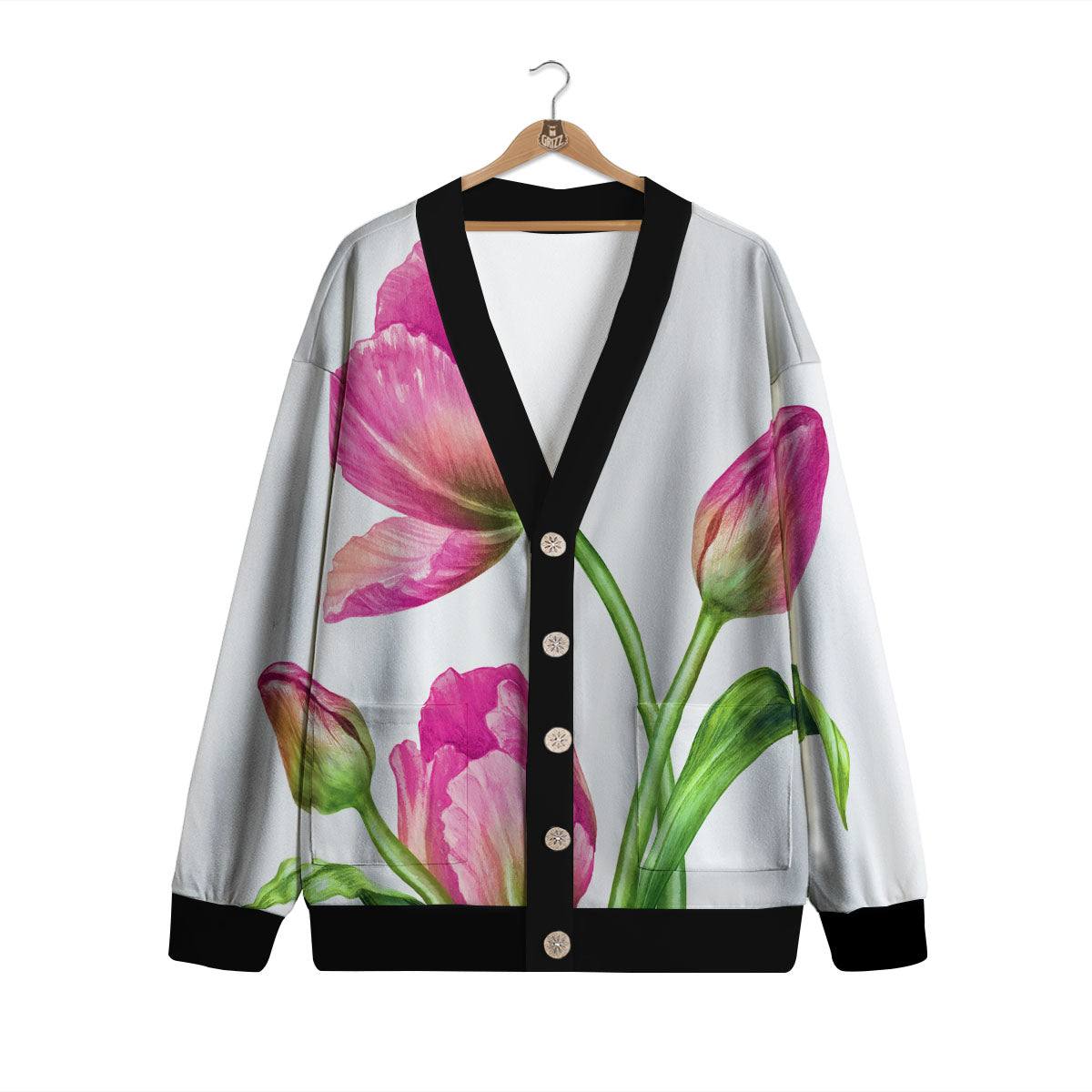 Tulip Flower Pink Watercolor Print Cardigan