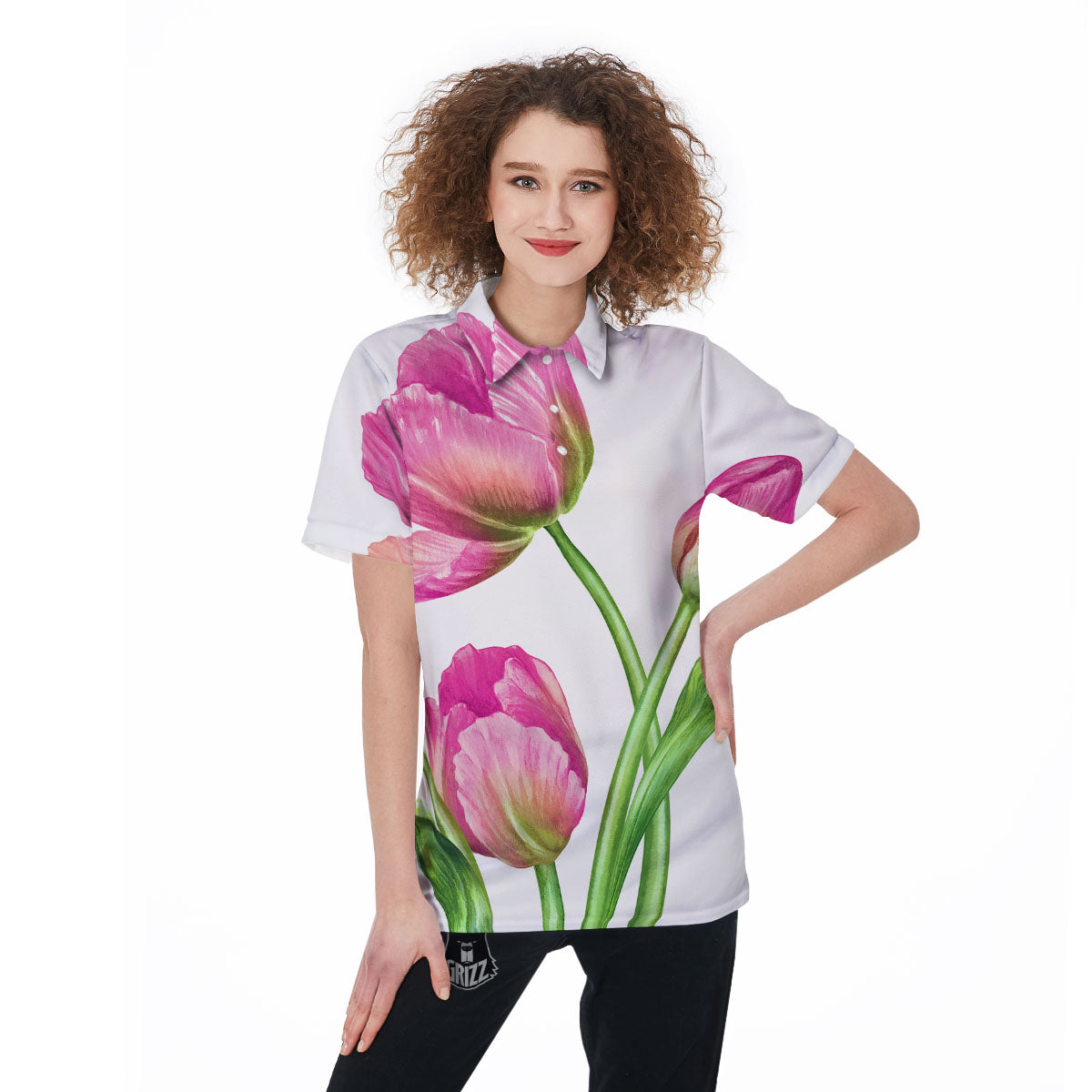 Tulip Flower Pink Watercolor Print Women's Golf Shirts