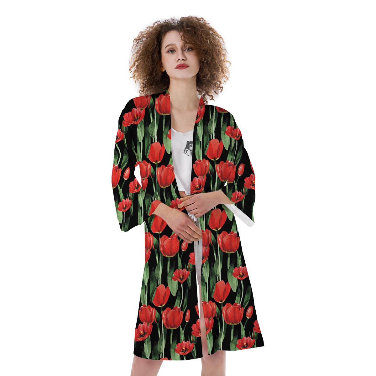 Tulip Red Watercolor Print Pattern Kimono