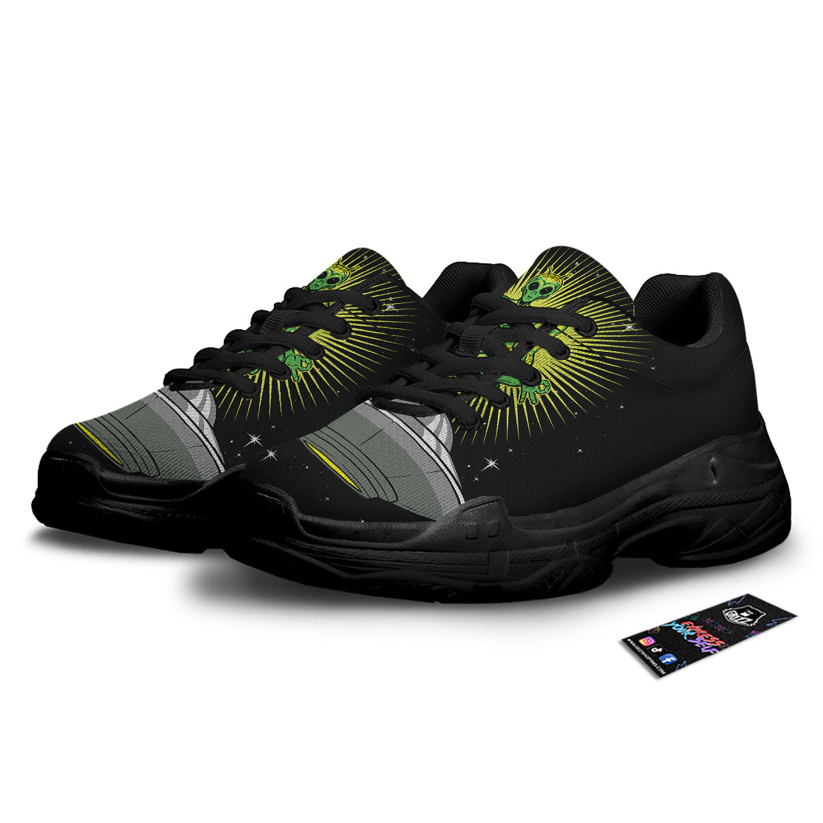 UFO Space Green Alien Print Black Chunky Shoes
