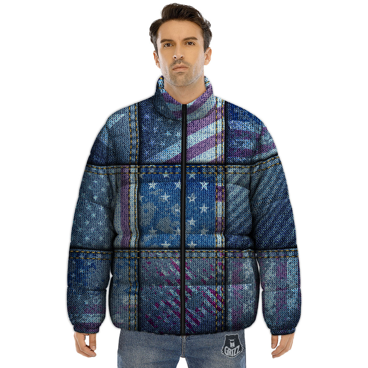 USA Denim Patchwork 4th of July Print Puffer Jacket