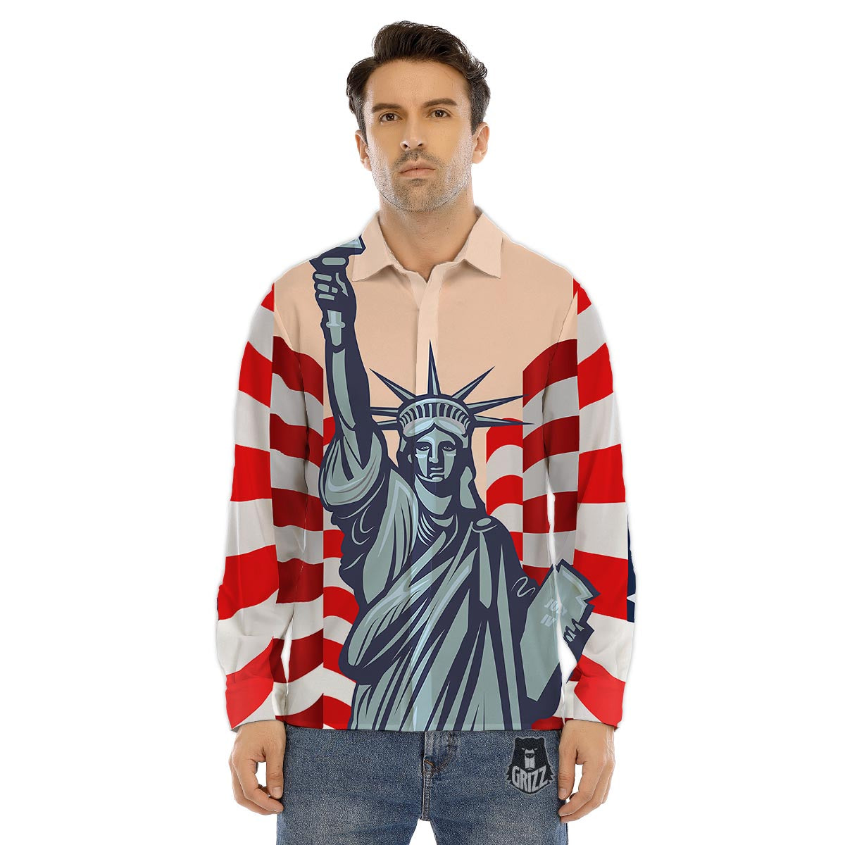 USA Flag Statue of Liberty Print Men's Dress Shirts