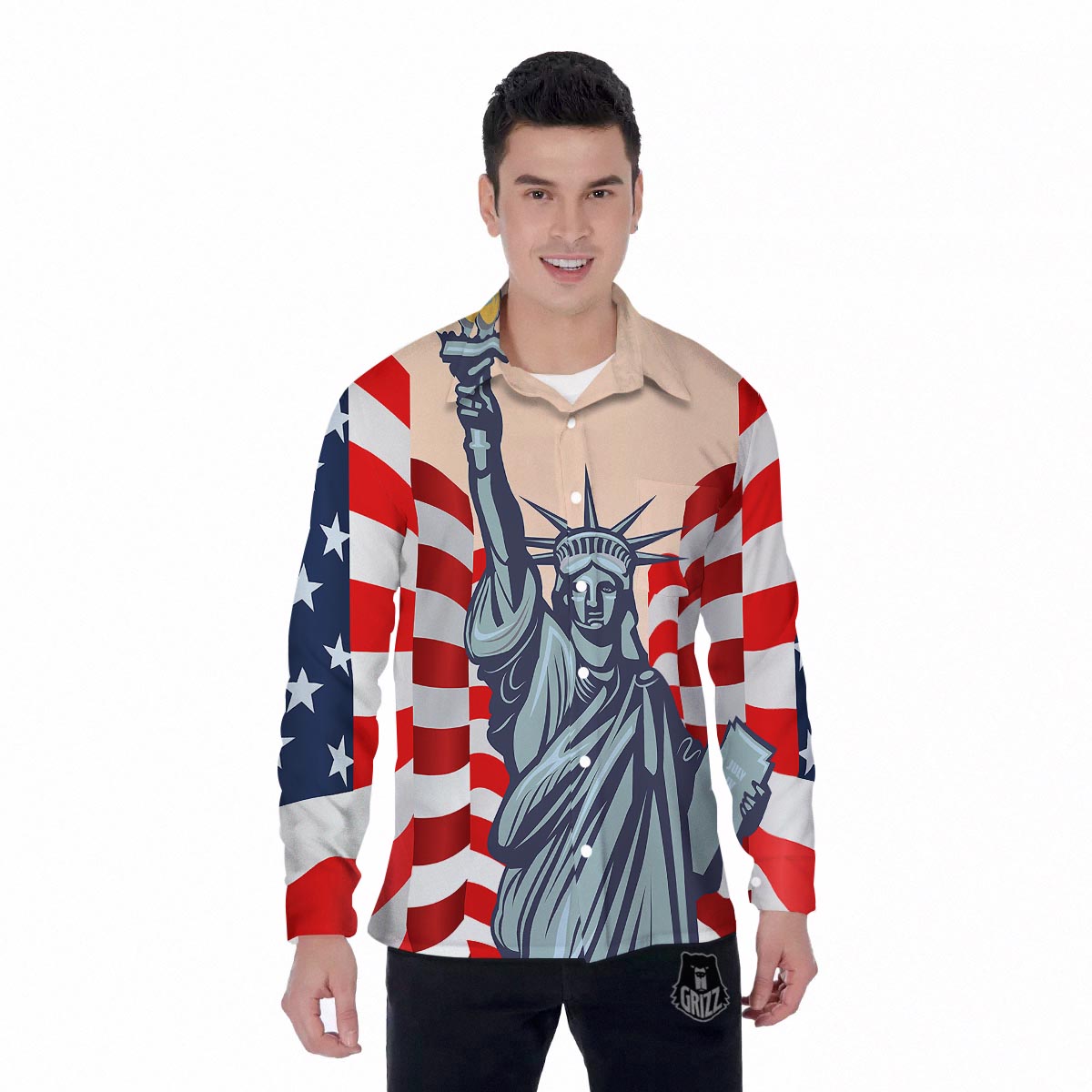 USA Flag Statue of Liberty Print Men's Long Sleeve Shirts