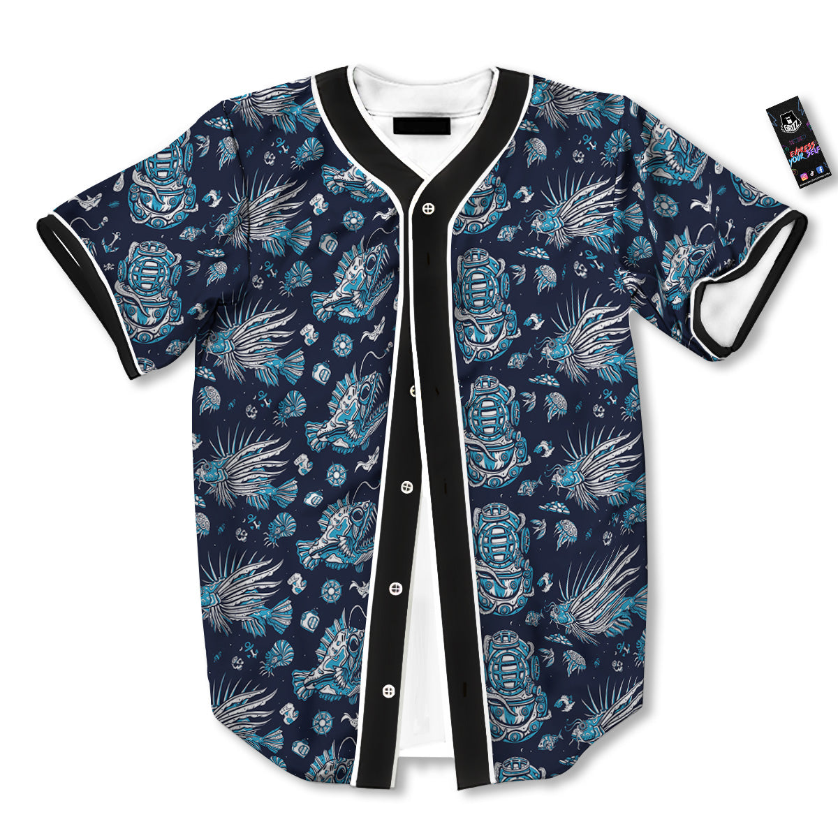 Underwater Blue Tattoo Print Pattern Baseball Jersey