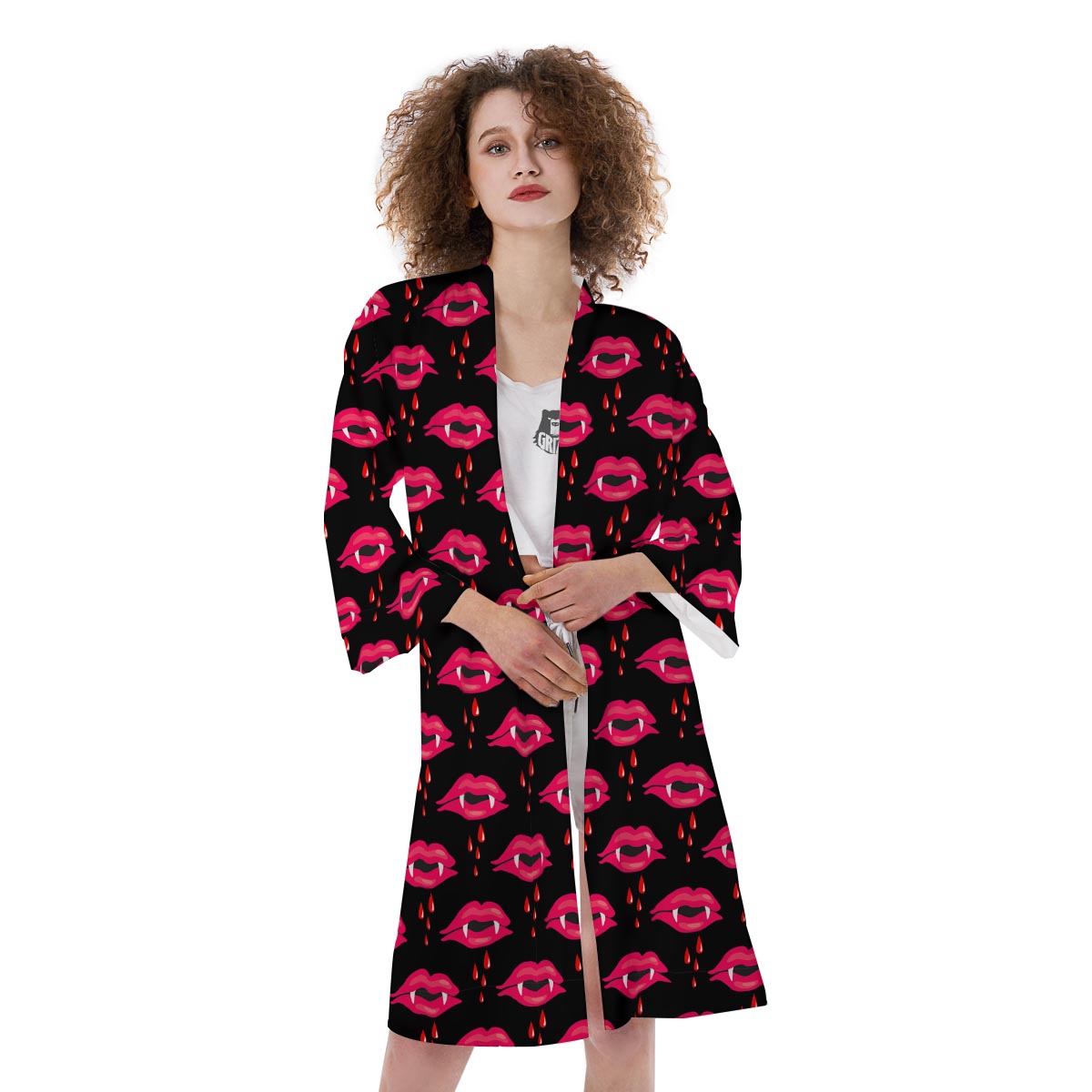 Vampire Lips Red Halloween Print Pattern Kimono