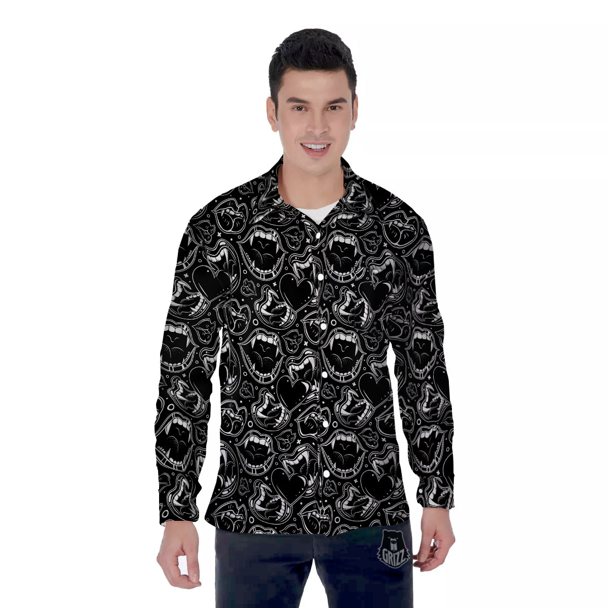 Vampire Mouth Black and White Print Pattern Men's Long Sleeve Shirts