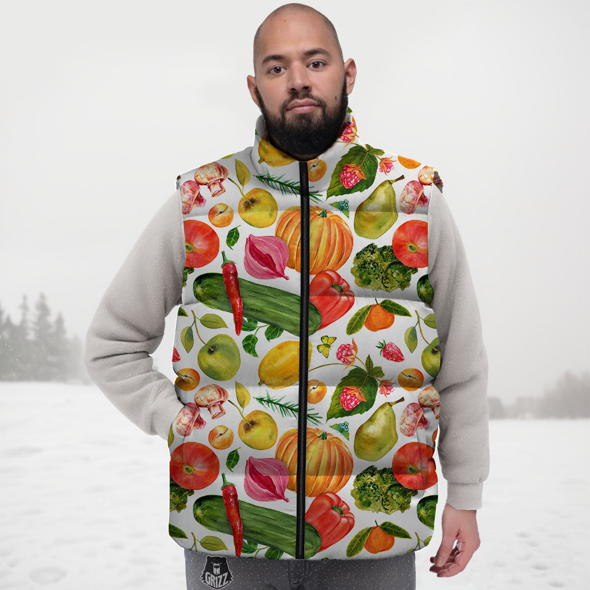 Vegetables And Vegan Fruits Print Pattern Down Vest