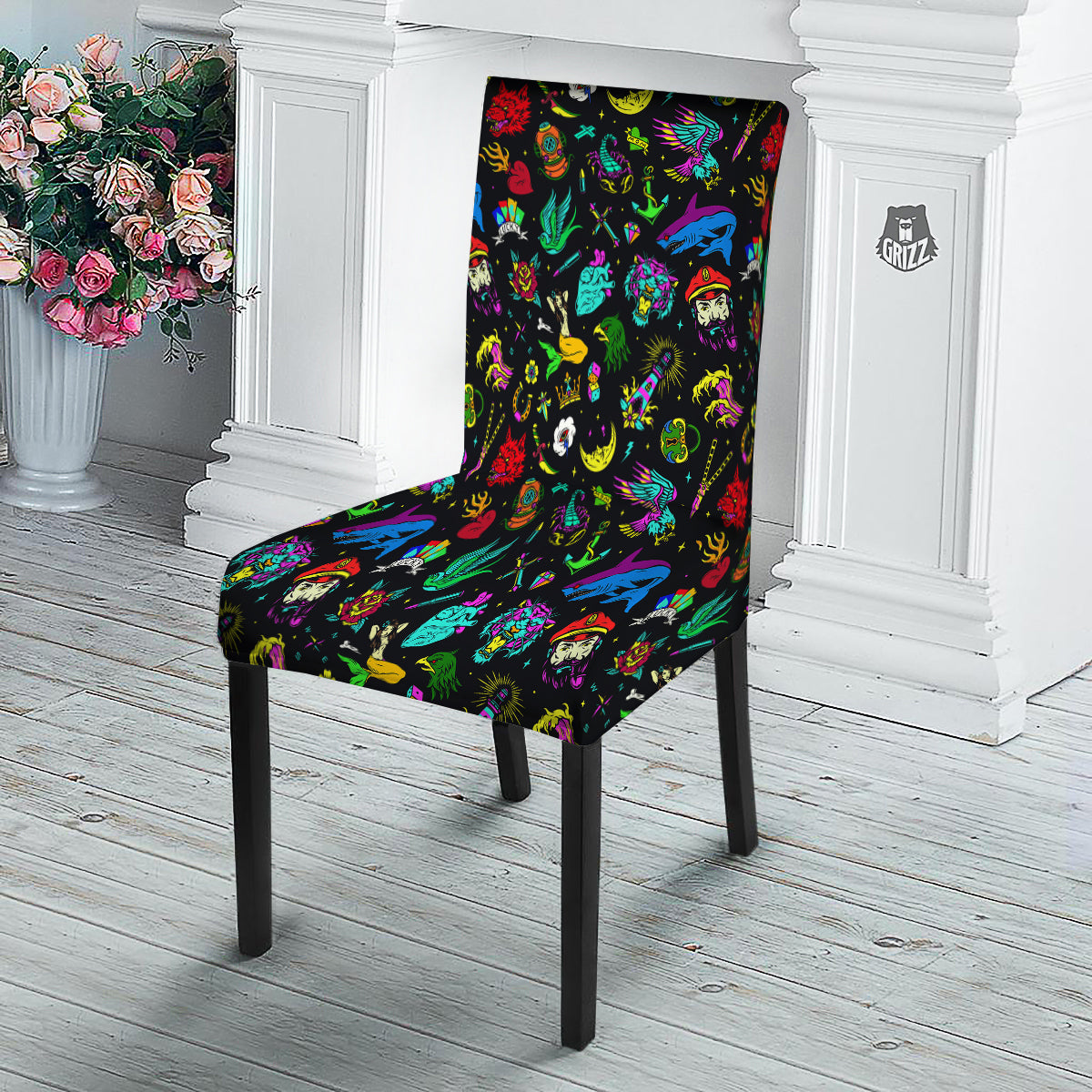 Vintage Colorful Tattoo Print Pattern Dining Chair Slipcover