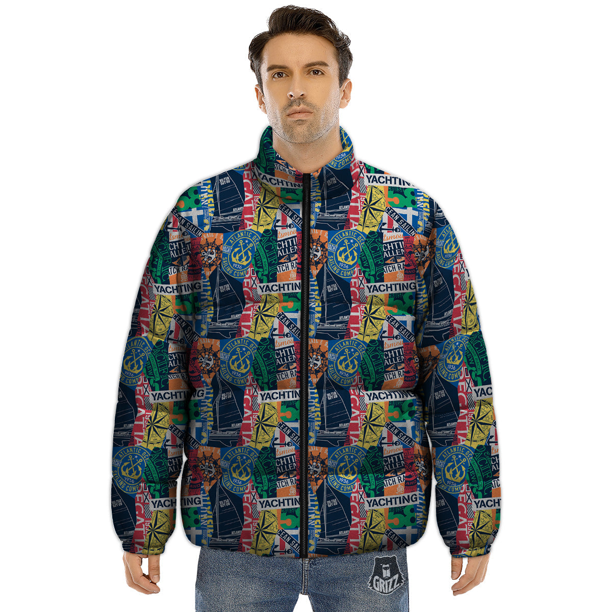 Vintage Nautical Style Colorful Print Pattern Puffer Jacket