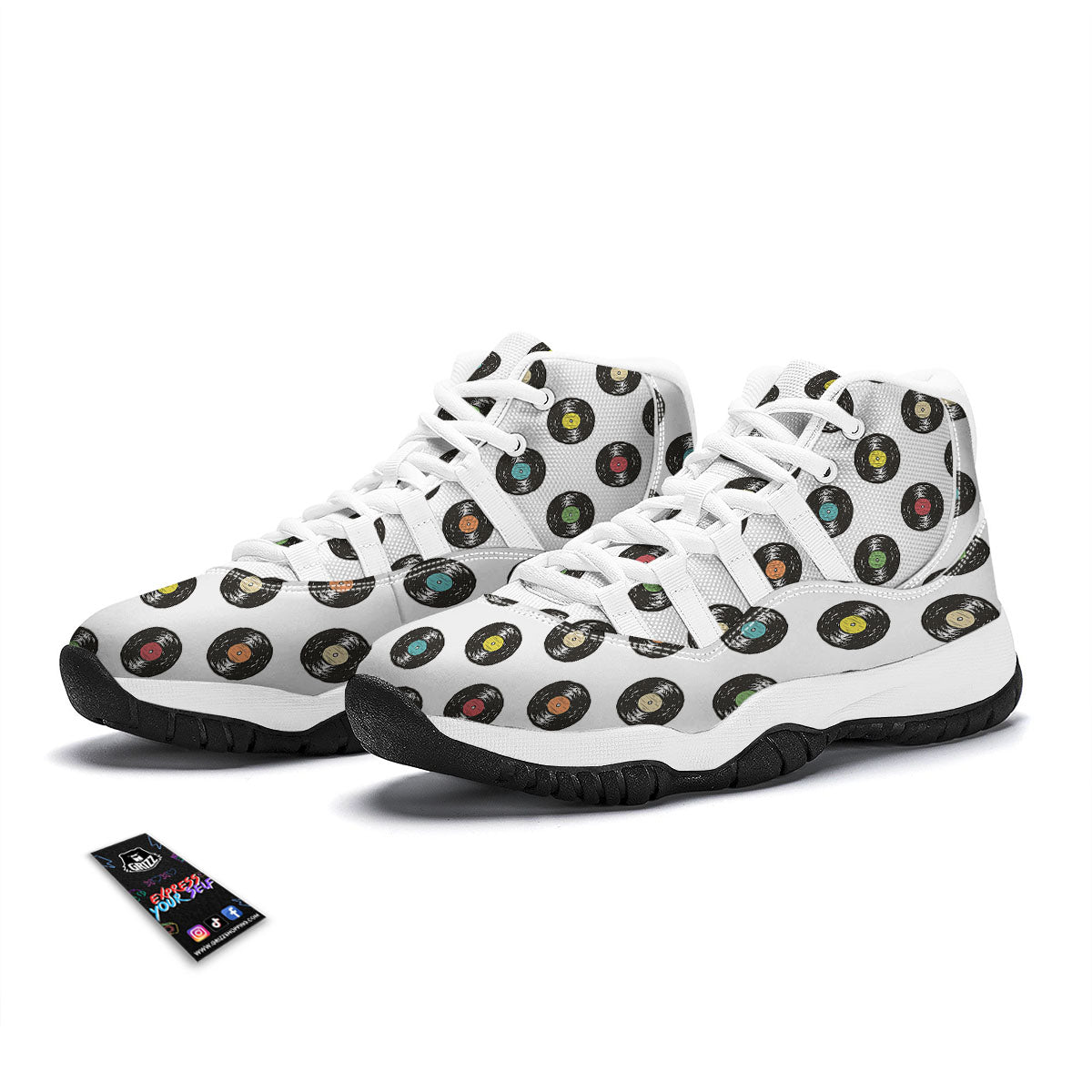 Vinyl Record Hand Drawn Print Pattern White Bball Shoes