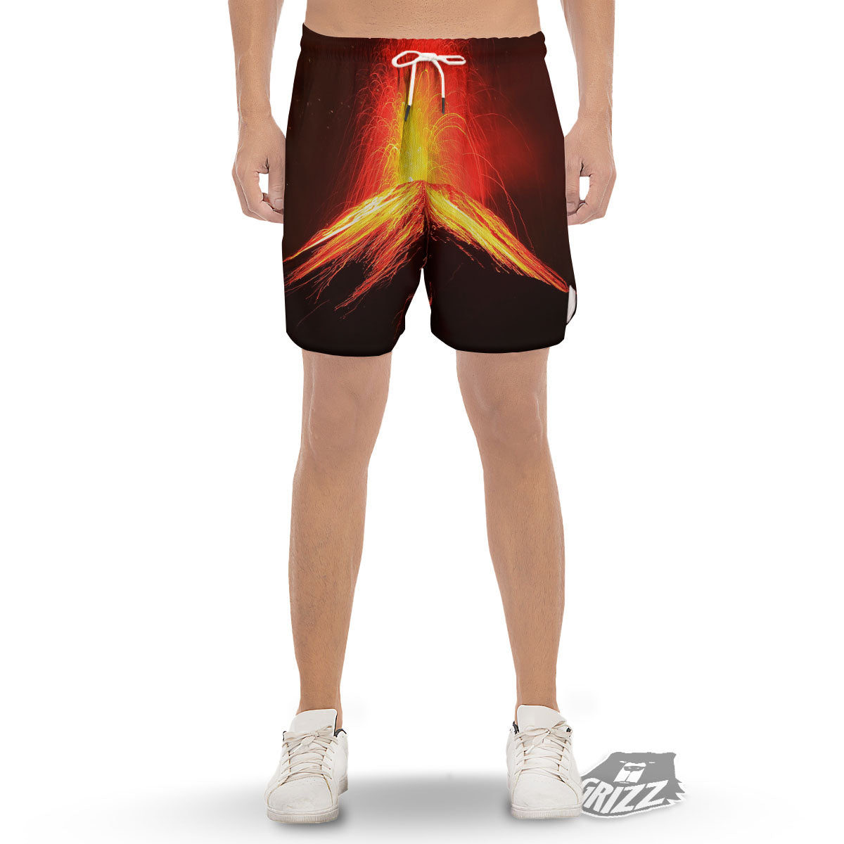 Volcano On Fire Print Men's Gym Shorts
