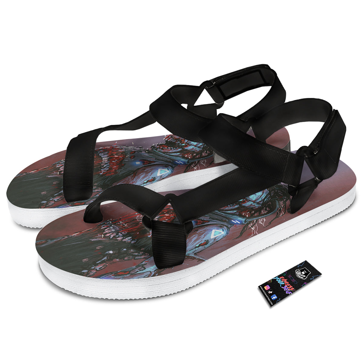 Watercolor Creepy Monsters Open Mouth Print Black Open Toe Sandals