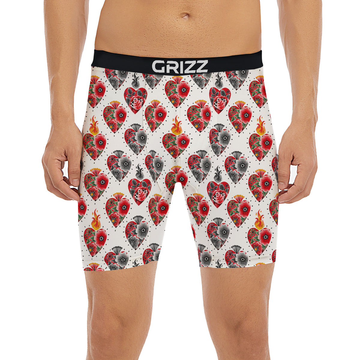 Watercolor Flaming Heart Tattoo Print Pattern Boxer Briefs