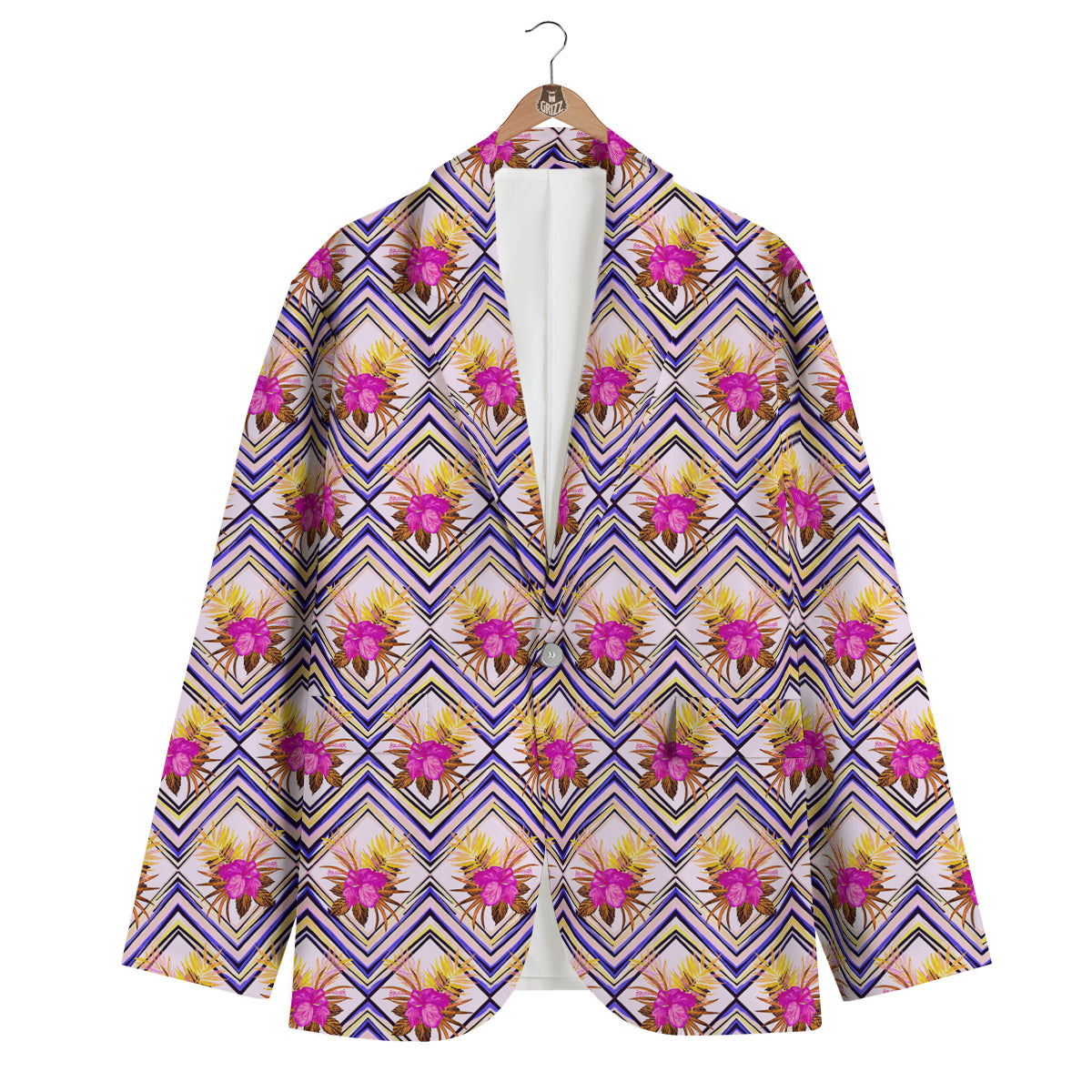 Watercolor Tropical Flower Zigzag Print Pattern Men's Blazer