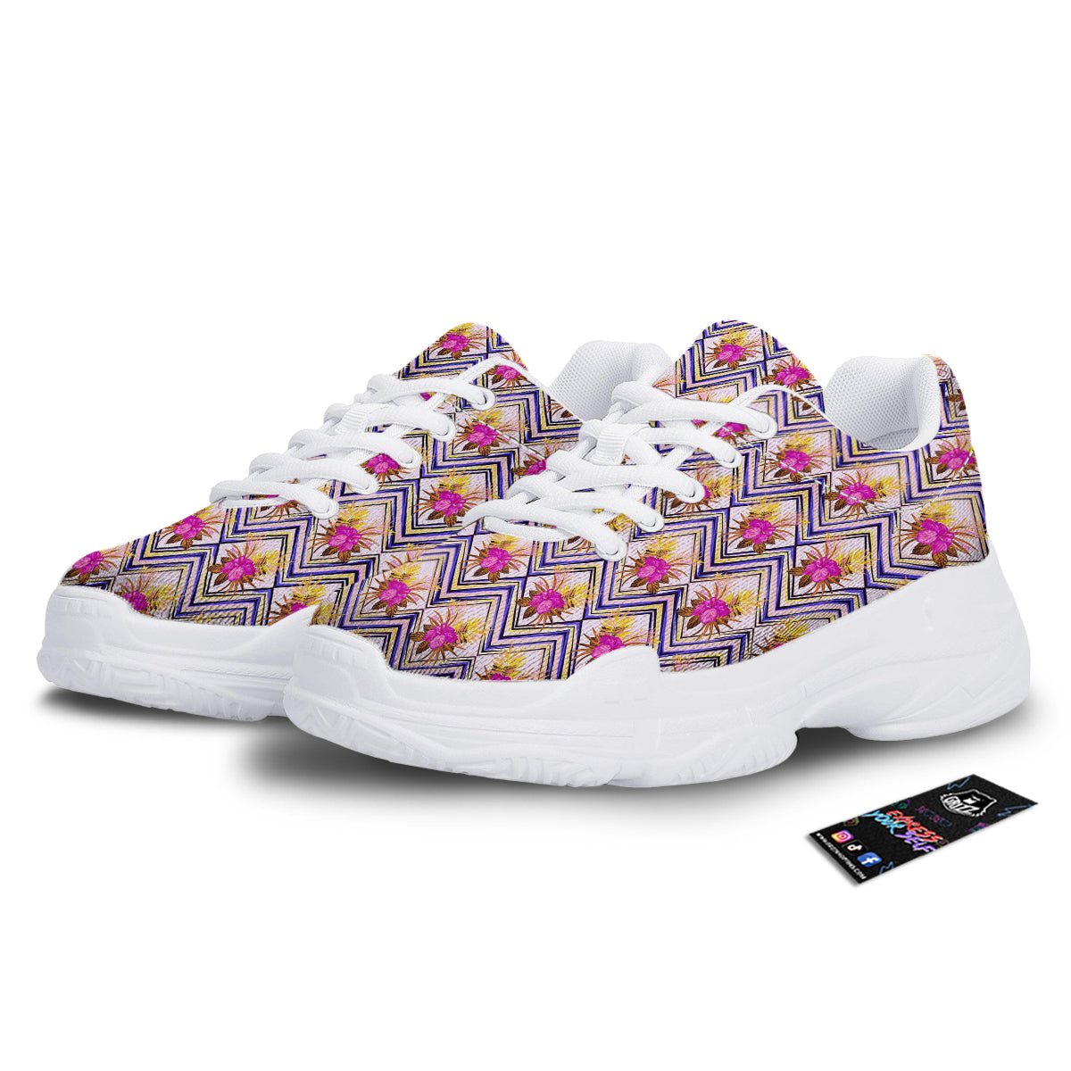 Watercolor Tropical Flower Zigzag Print Pattern White Chunky Shoes
