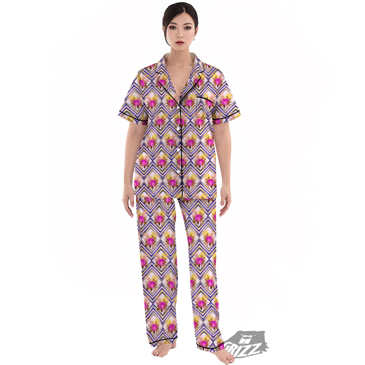 Watercolor Tropical Flower Zigzag Print Pattern Women's Pajamas Set